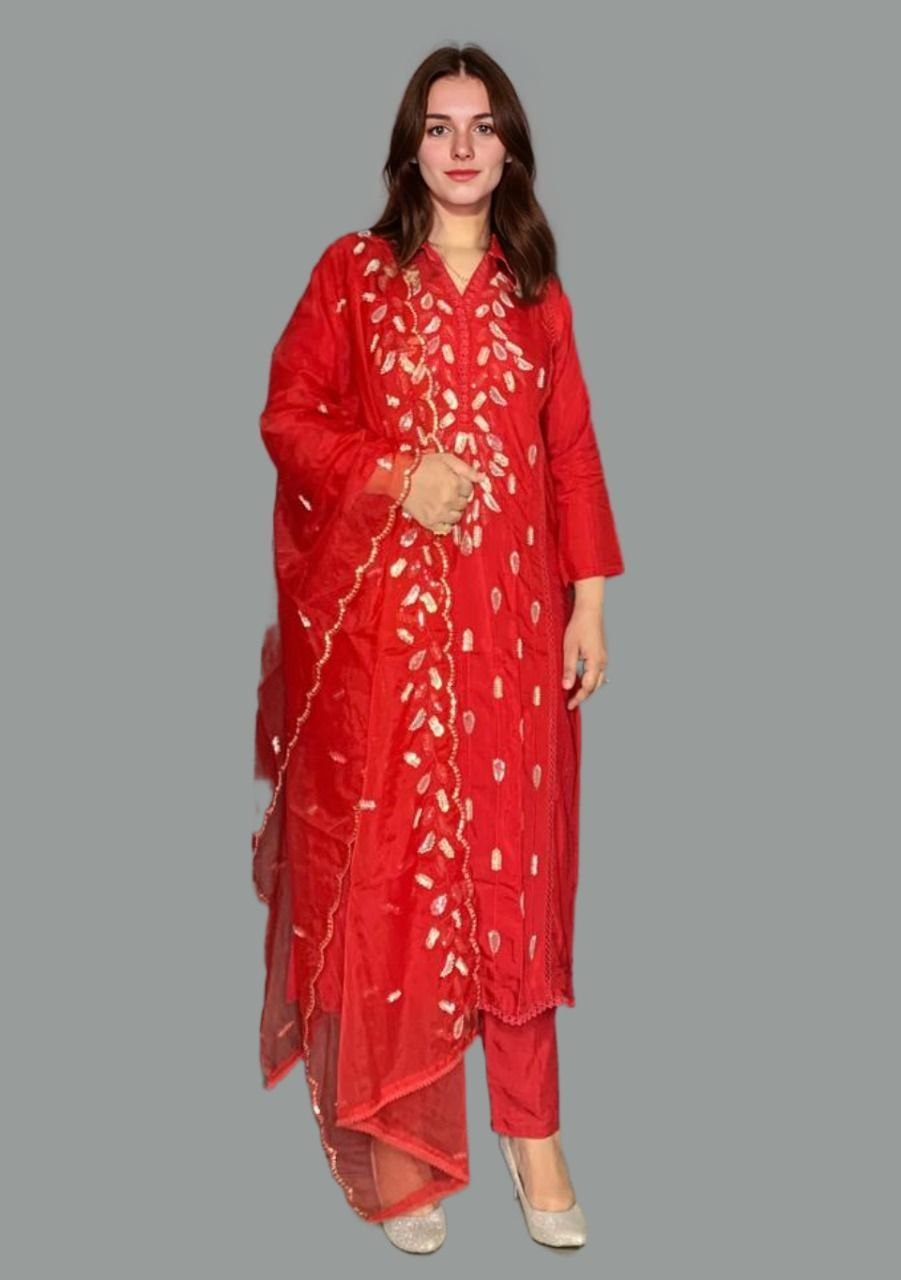 Heavy Embroidered Red Stitched Suit – Vivid India Creations